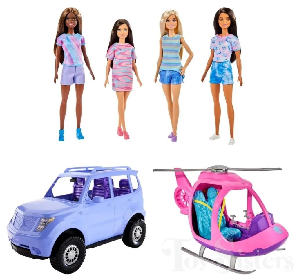 2023 Barbie SUV Car, Helicopter Playset & Doll 4-Pack (HJY89) - Toy Sisters